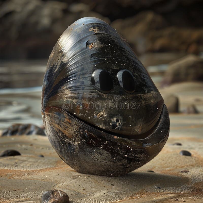 Smiley Face Holding Mussel with Dark Shell Stock Illustration ...