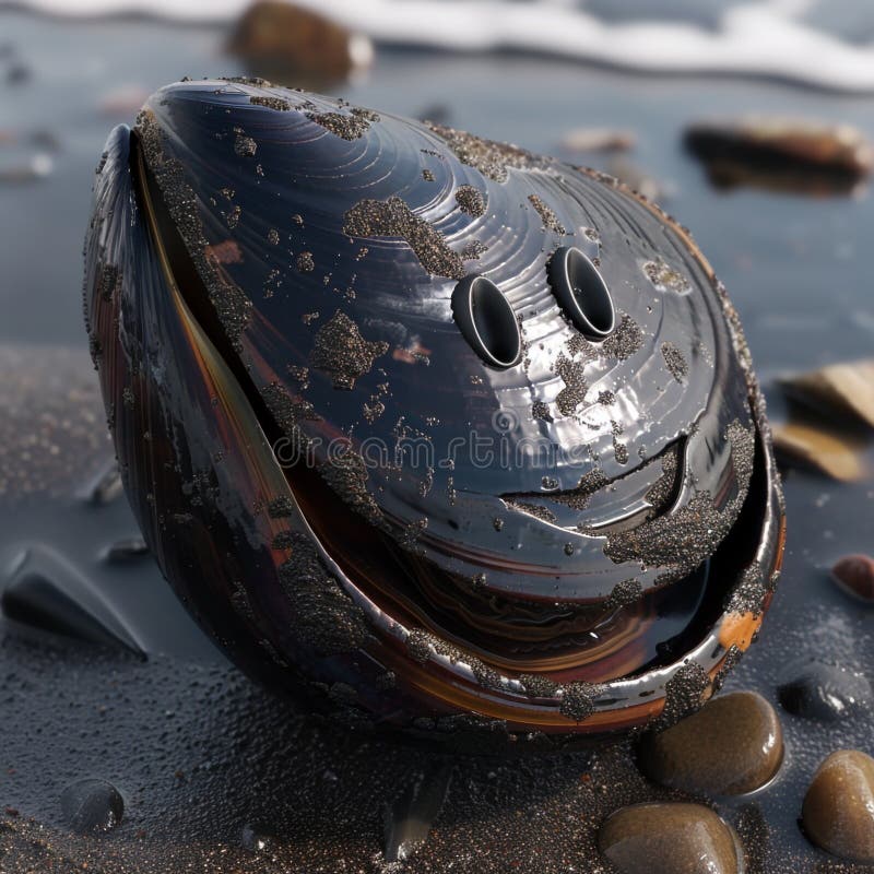 Smiley Face Holding Mussel with Dark Shell Stock Illustration ...