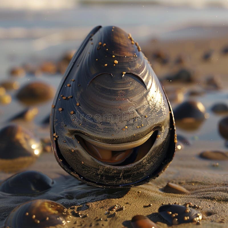 Smiley Face Holding Mussel with Dark Shell Stock Illustration ...