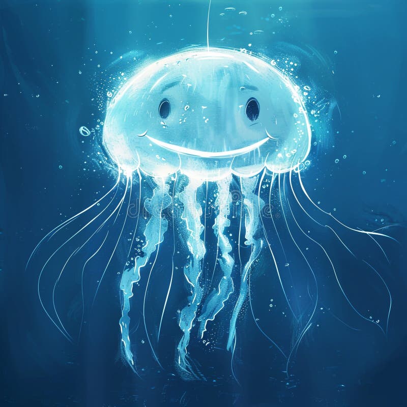 Smiley Face Interacting with Jellyfish in Water Stock Illustration ...