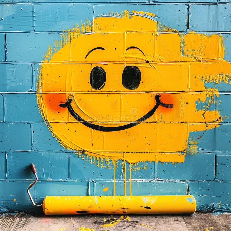 Smiley Face Painting a Wall with a Paint Roller Stock Illustration ...