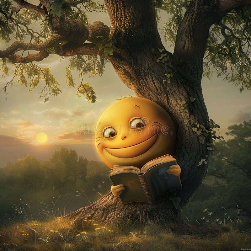 Smiley Face Reading a Book Under a Tree Stock Illustration ...