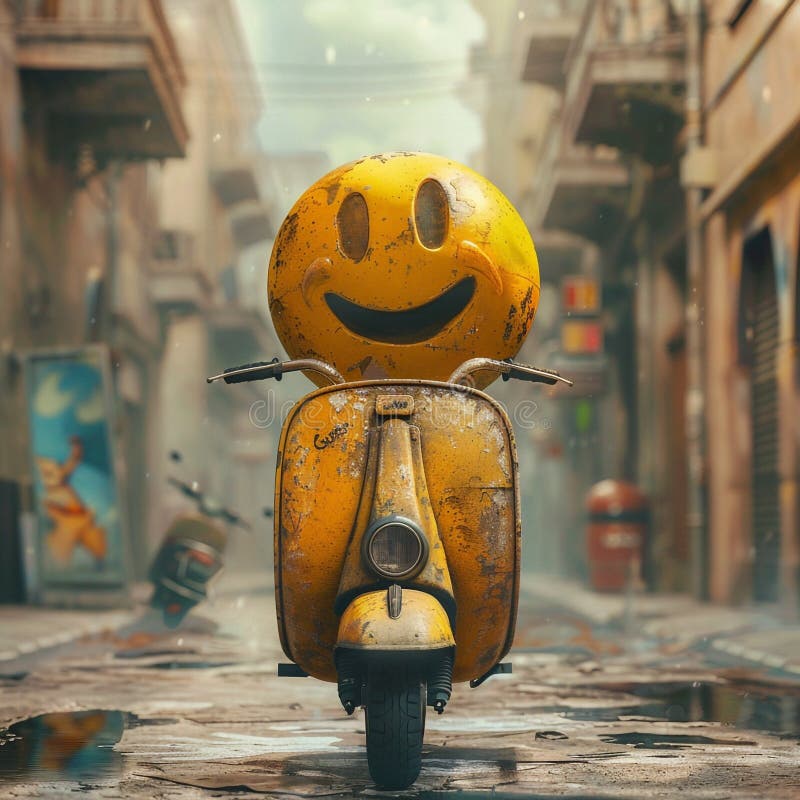 Smiley Face Riding Scooter through Town Stock Illustration ...