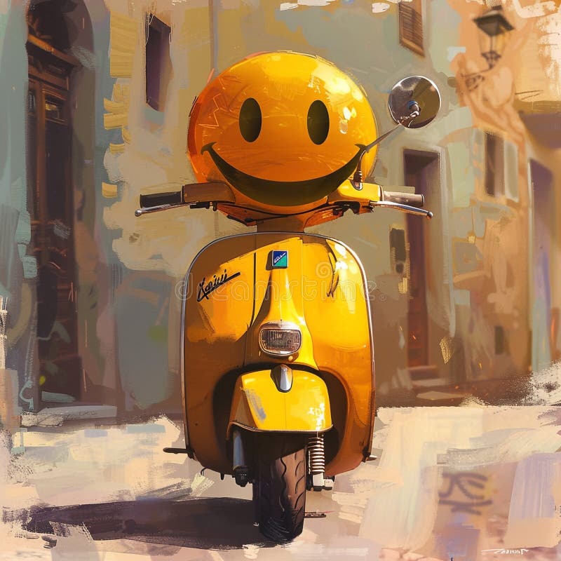 Smiley Face Riding Scooter through Town Stock Illustration ...