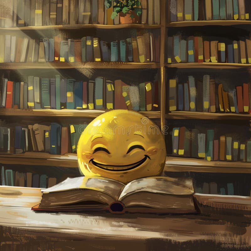Smiley Face Studying in a Library Stock Illustration - Illustration of ...