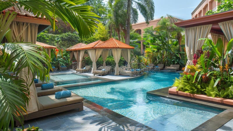 Spa Area Features Massage Cabanas at Hotel Poolside Stock Illustration ...