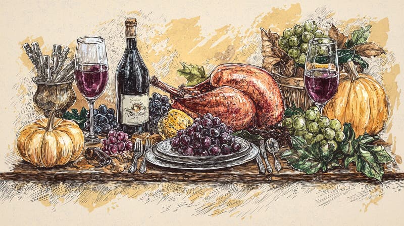 Thanksgiving Table Set for a Feast Stock Illustration - Illustration of ...