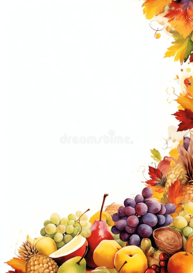 Cornucopia Overflowing with Fruits Watercolor Border Frame Stock ...
