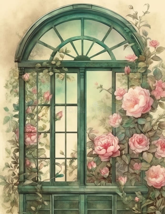 Cottagecore Windows Old Paper, Vintage Digital Paper Stock Illustration ...