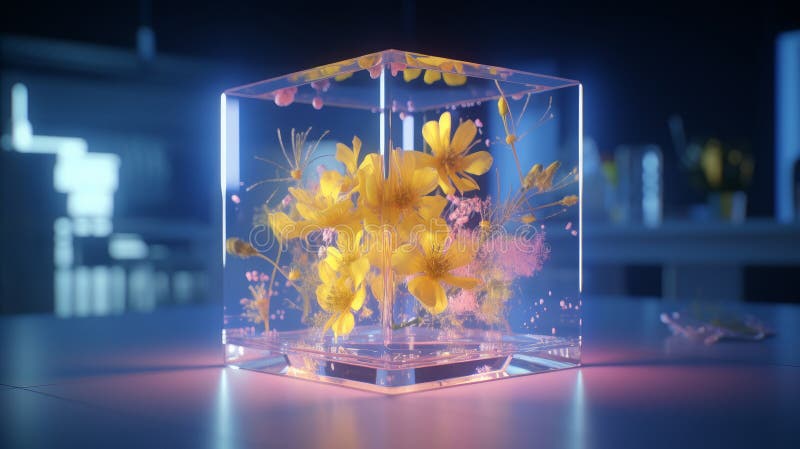 Cultivation of Glowing Flowers Inside the Transparent Glass Cube ...