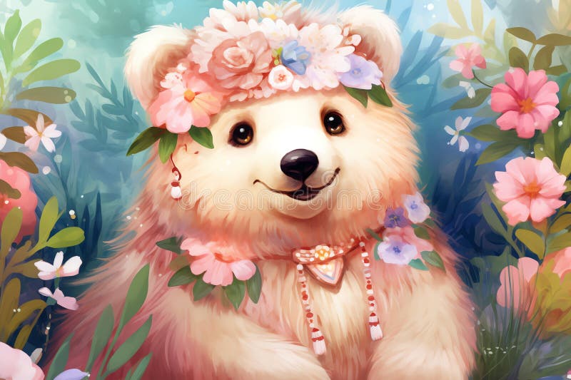 Cute Bear with Boho Floral Pattern for Kids Nursery Illustration, Wall ...