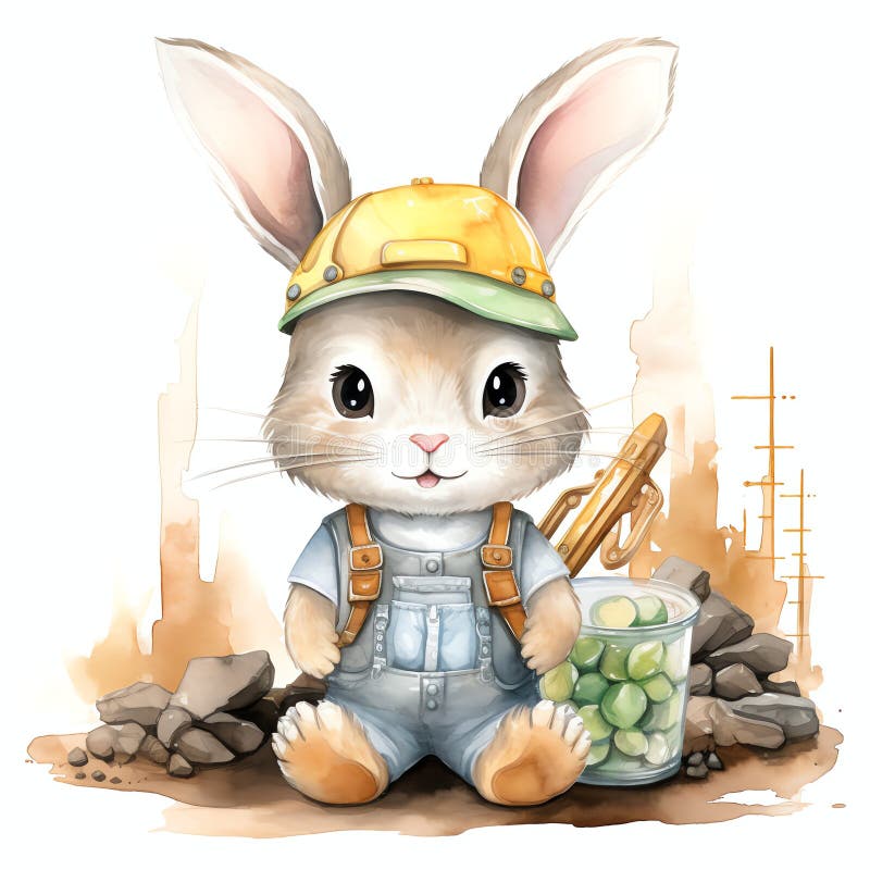Cute Bunny with Construction Site Watercolor Illustration Stock ...
