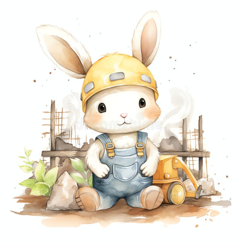 Cute Bunny with Construction Site Watercolor Illustration Stock ...