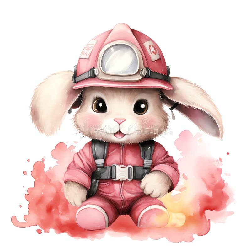 Cute Bunny with Firefighter Helmet Watercolor Illustration Stock ...