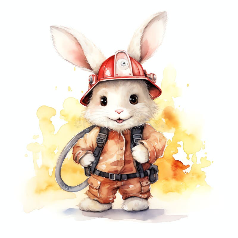 Cute Bunny with Firefighter Hose Watercolor Illustration Stock ...