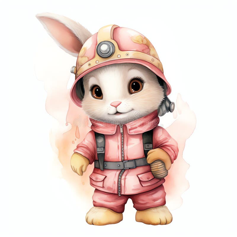 Cute Bunny with Firefighter Jacket Watercolor Illustration Stock ...
