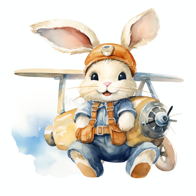Cute Bunny with Pilot Plane Watercolor Illustration Stock Illustration ...