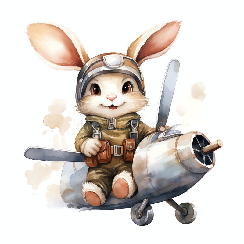 Cute Bunny with Pilot Plane Watercolor Illustration Stock Illustration ...