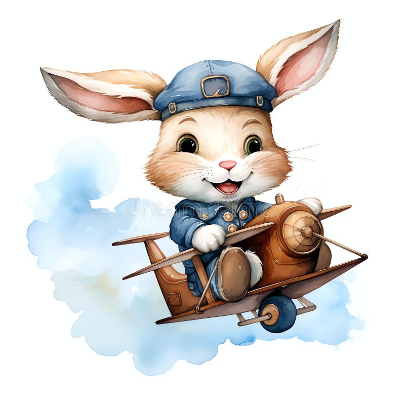 Cute Bunny with Pilot Plane Watercolor Illustration Stock Illustration ...