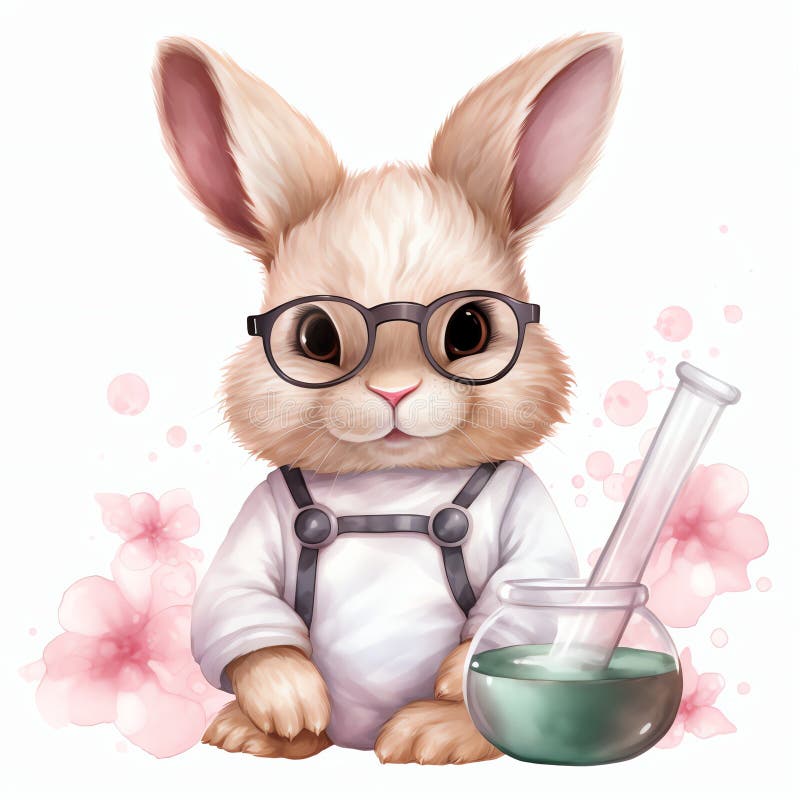 Cute Bunny with Scientist Beaker Watercolor Illustration Stock ...