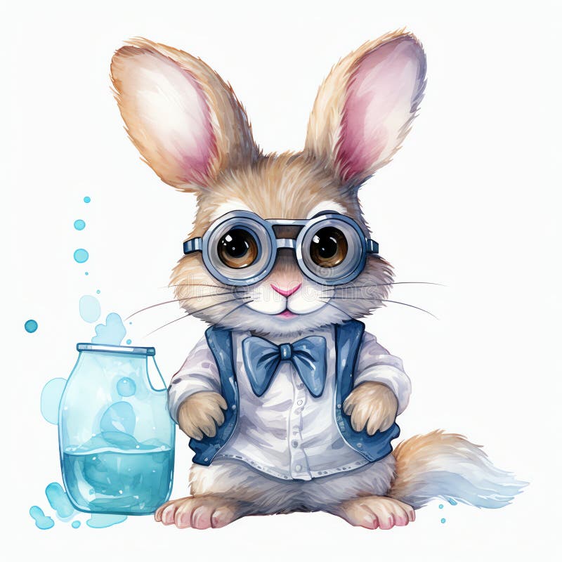 Cute Bunny with Scientist Goggles Watercolor Illustration Stock ...