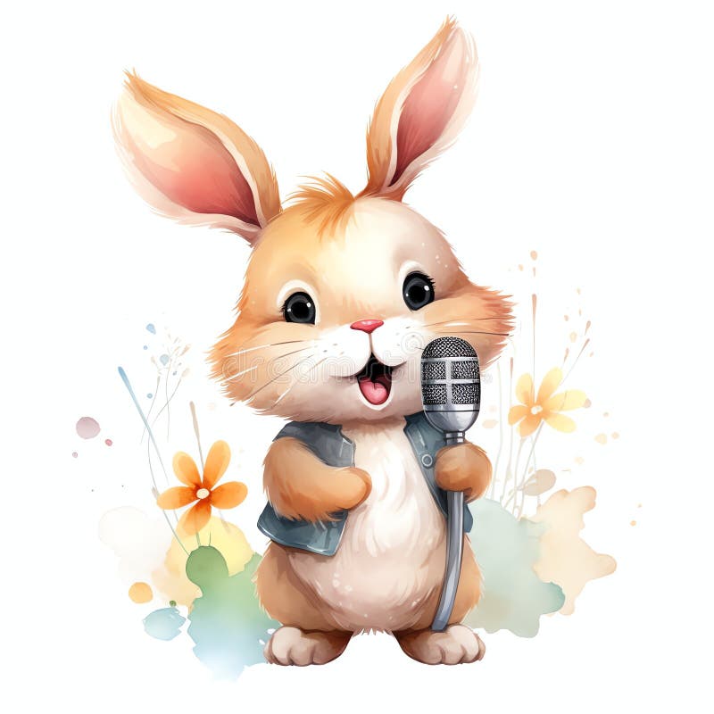 Cute Bunny with Studio Microphone Watercolor Illustration Stock ...