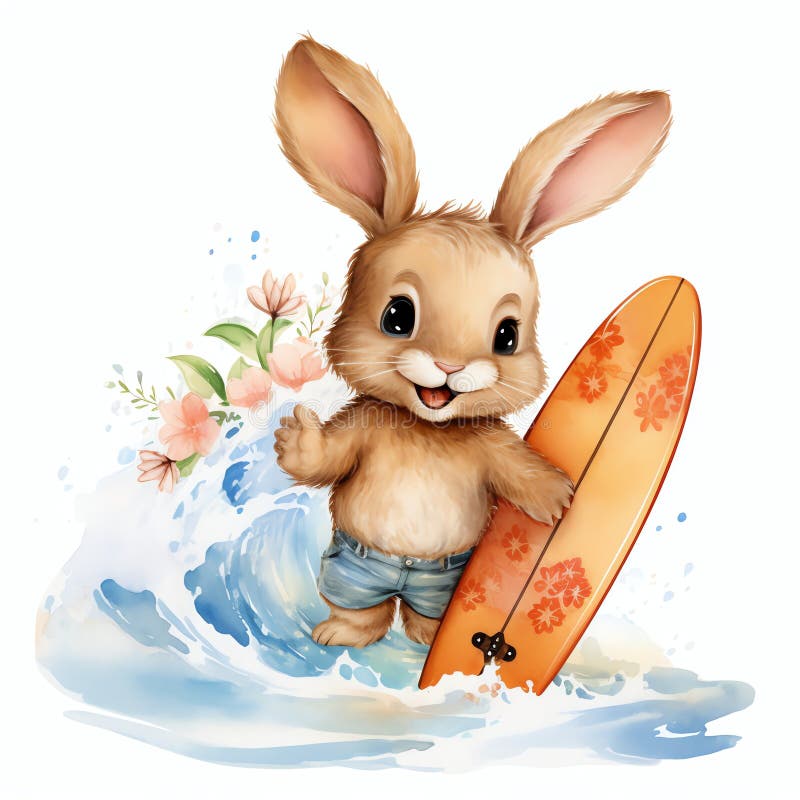 Cute Bunny with Surfing Beach Watercolor Illustration Stock ...