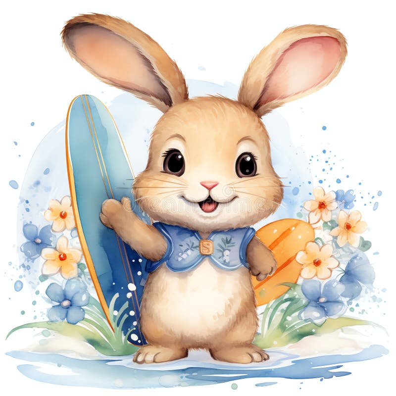 Cute Bunny with Surfing Beach Watercolor Illustration Stock ...
