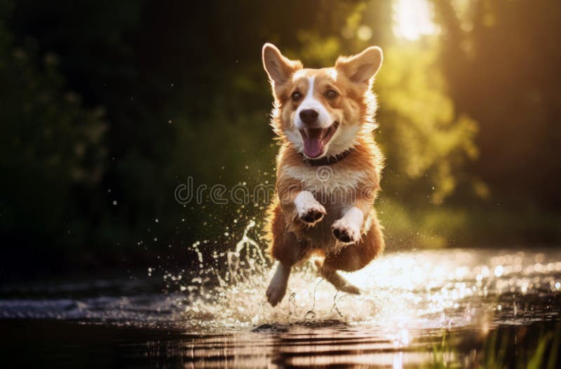 Cute Corgi Dog Running and Jumping in a Pond Stock Illustration ...