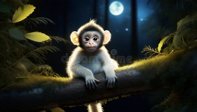 Cute Monkey in a Tree at Night Stock Illustration - Illustration of ...