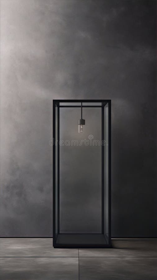 3D Rendering of a Glass and Metal Display Case with a Light Bulb Inside ...