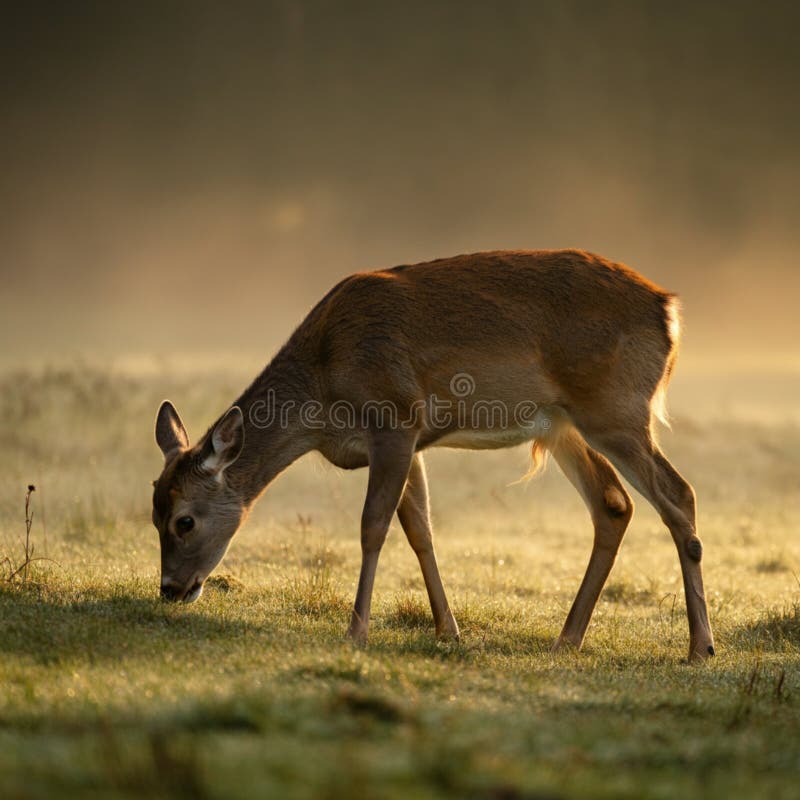 AI-Generated Image: Deer Eating Grass in a Foggy Field Stock Image ...
