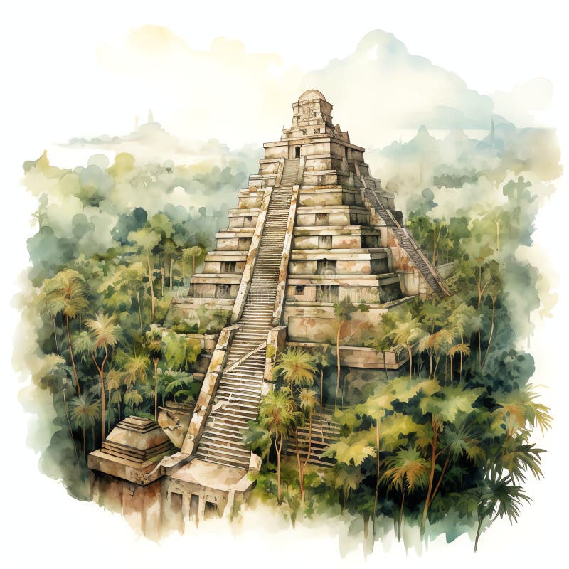 Dense Maya Jungle with Towering Temples and Pyramids Illustration Stock ...