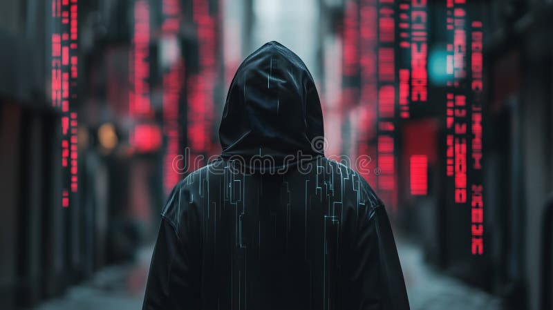 Back View of a Hooded Figure with Binary Code Background Stock ...