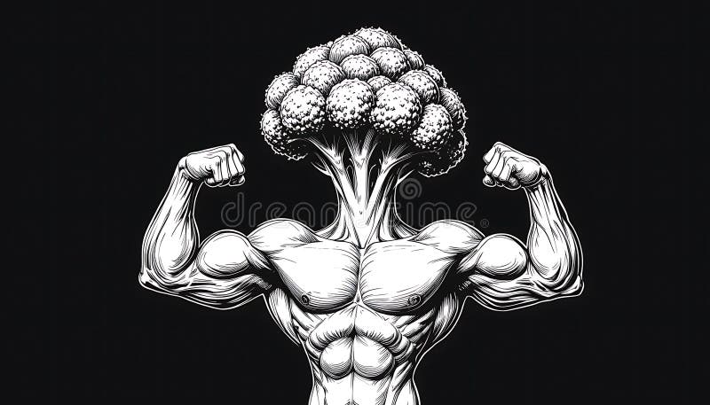 Strong Bodybuilder with Broccoli Head, Powerful Fitness Art Stock ...