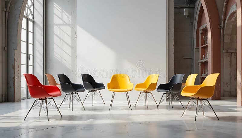 Colorful Modern Chairs Arranged in a Circle in a Loft Studio Stock ...