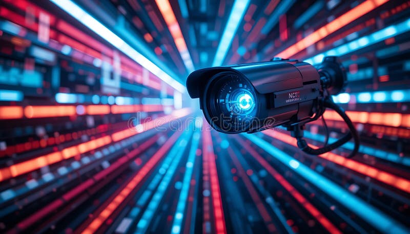 Futuristic CCTV Security Camera in a Neon Cityscape Stock Illustration ...