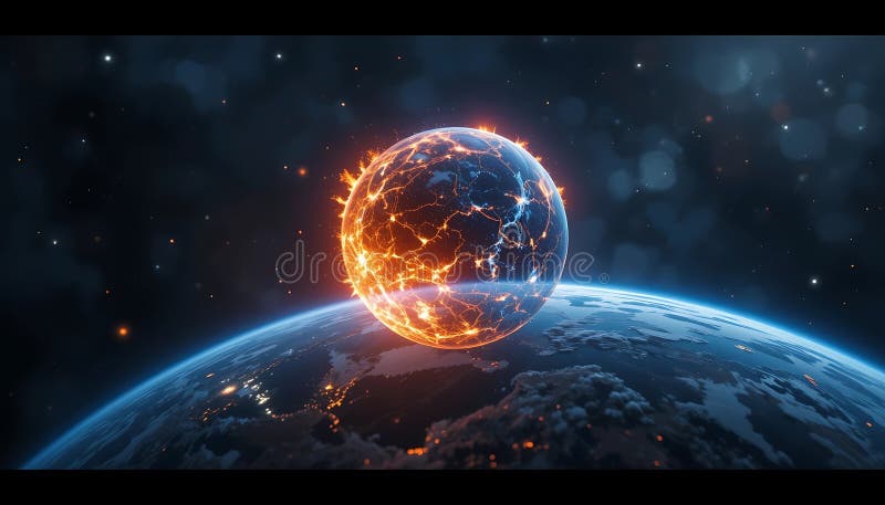 Fiery Planet Exploding Near Earth, Space Disaster Stock Illustration ...