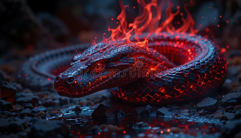 Fiery Obsidian Snake Coiled Near a Dark Puddle Stock Illustration ...