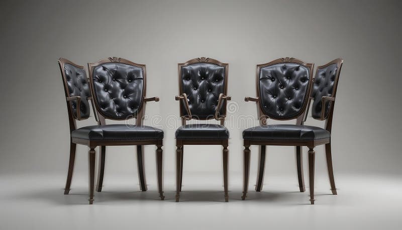 Four Elegant Black Leather Button Tufted Dining Chairs Stock ...