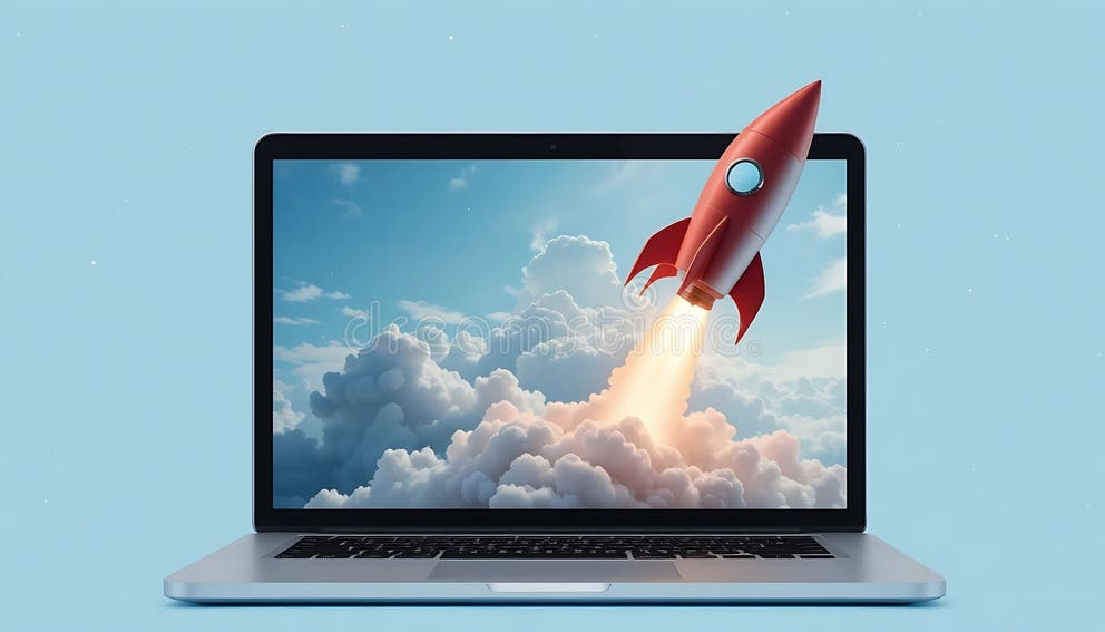 Laptop Screen Showing a Rocket Launching into the Sky Stock ...