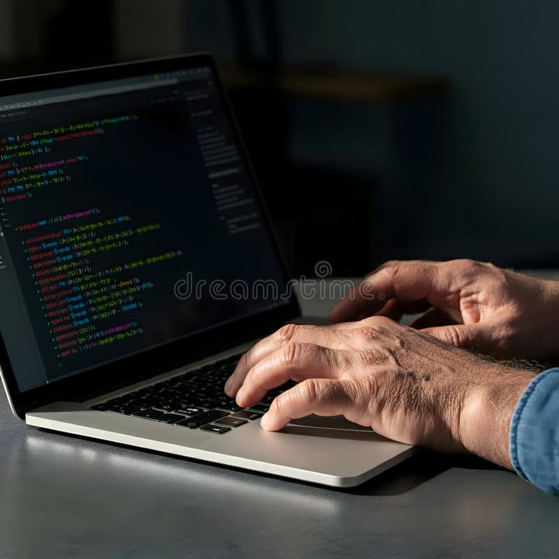 AI Generated: Laptop with Coding on Screen and Hands Typing Stock Illustration - Illustration of ...