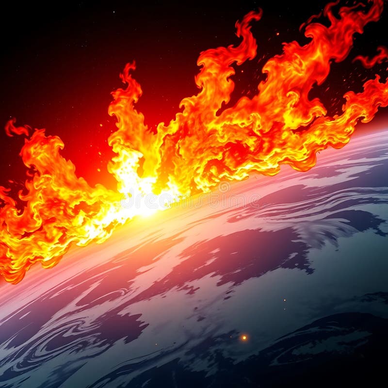 Fiery Meteorite Impacting Earth, Burning Atmosphere Stock Illustration ...