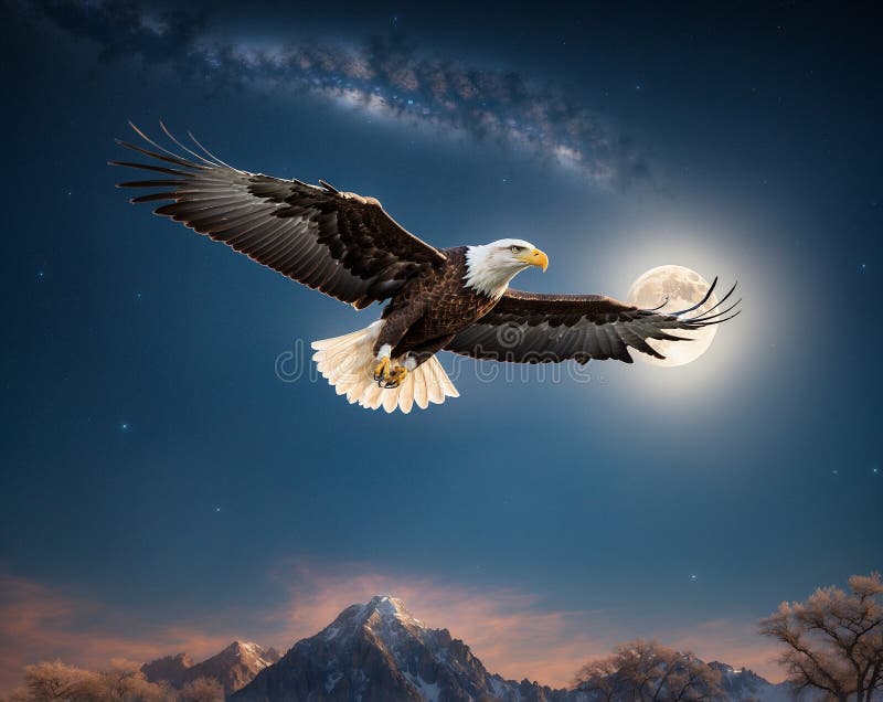 Eagle Soaring through the Night Sky with a Bright Moon Illuminating the ...
