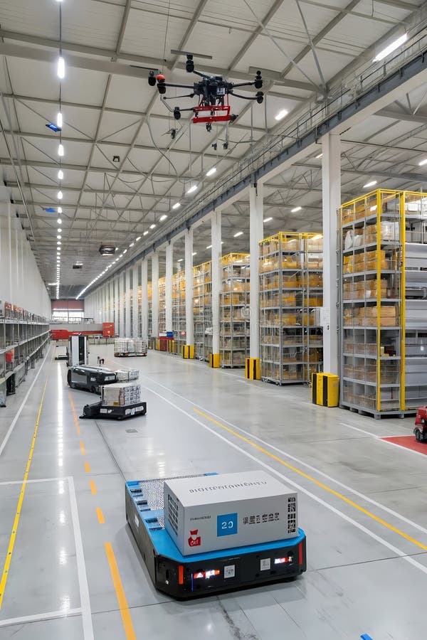 AI Generated Automated Warehouse with Flying Drone and Mobile Robots ...