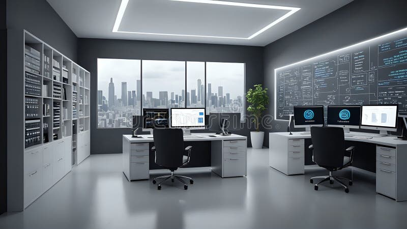 Modern Tech Office with City View and Large Monitors Stock Illustration ...