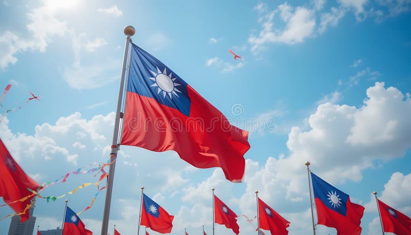 Taiwanese Flags Wave Proudly Under a Bright Sunny Sky Stock ...