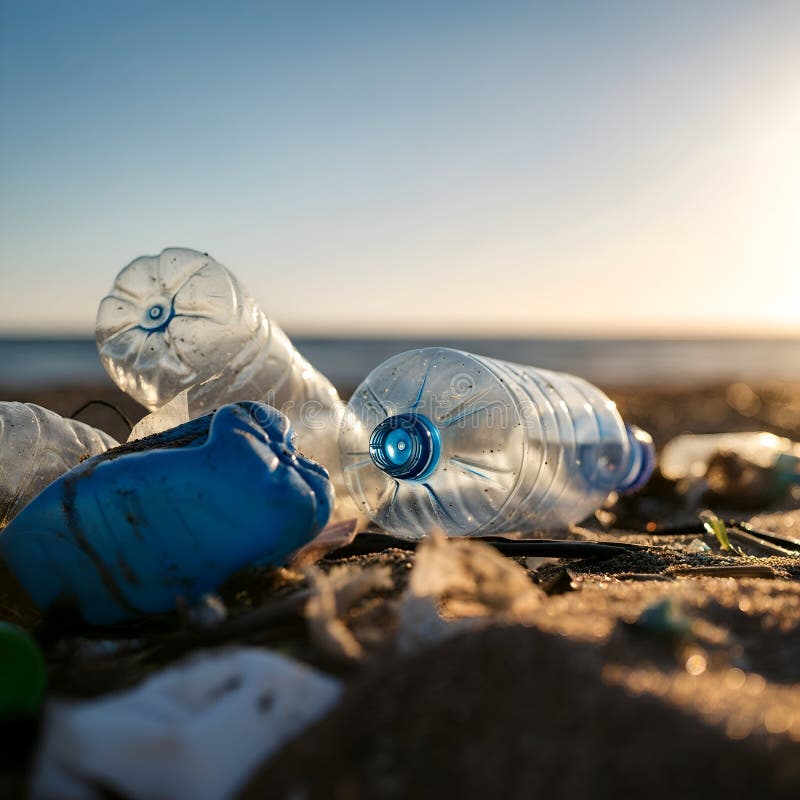AI Generated: Plastic Bottles and Trash on a Beach Stock Illustration ...
