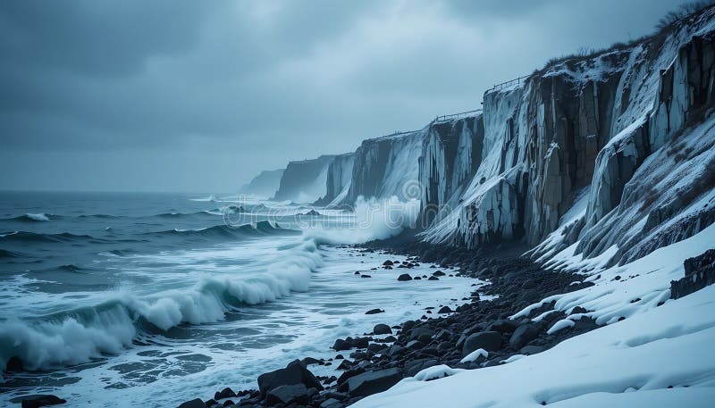 Dramatic Winter Seascape: Ocean Waves Crashing Against Snow-Covered ...