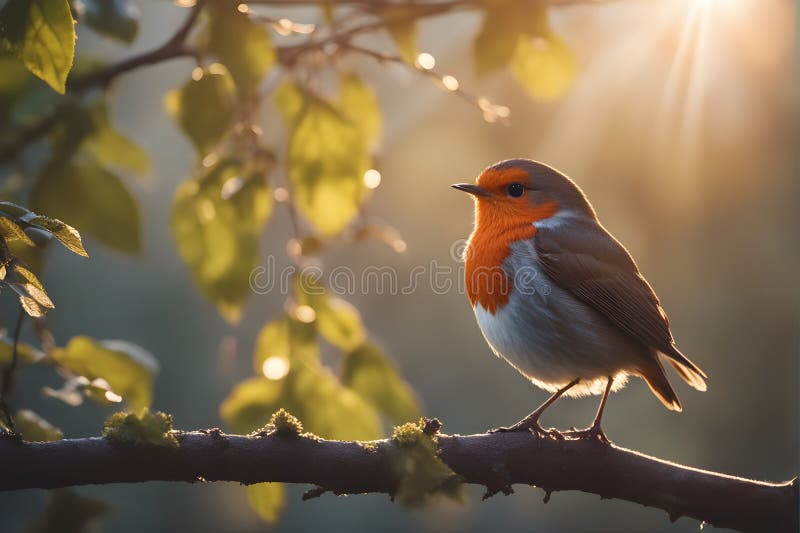 Robin Bird Sitting on a Branch in the Rays of the Setting Sun ...